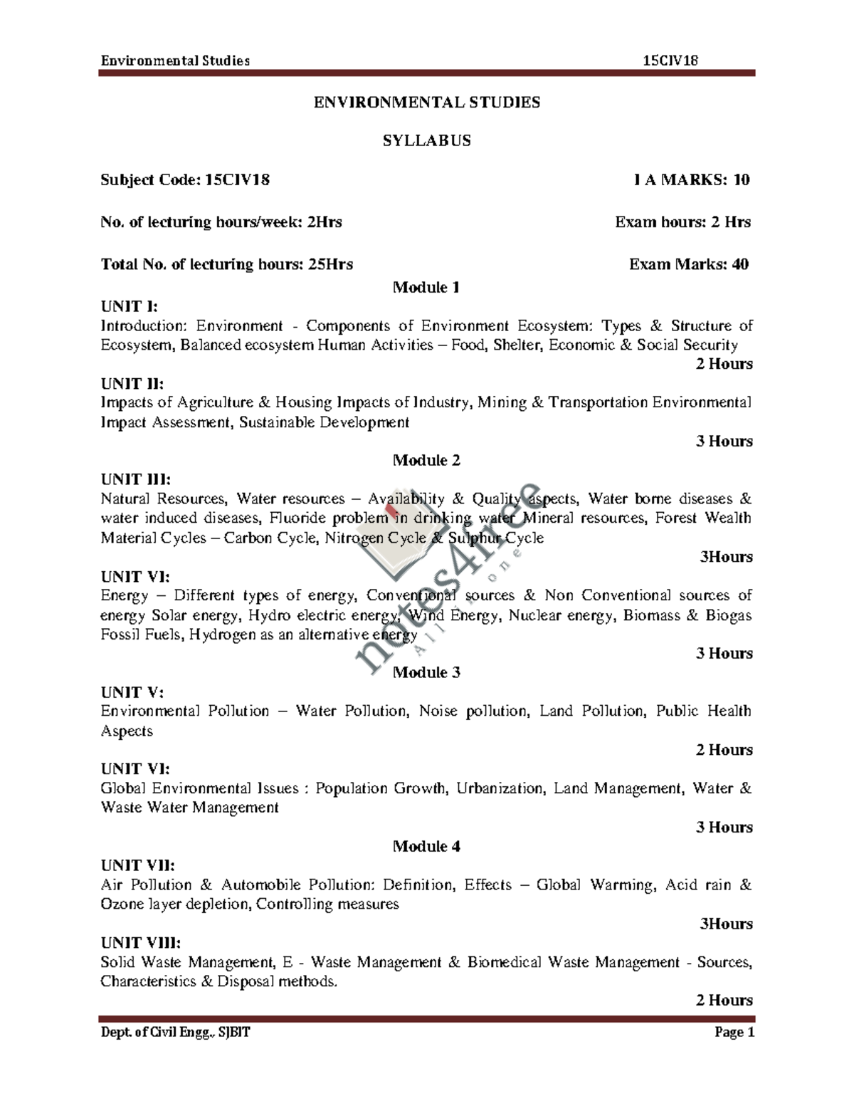 Environmental - ENVIRONMENTAL STUDIES SYLLABUS Subject Code: 15CIV18 I ...