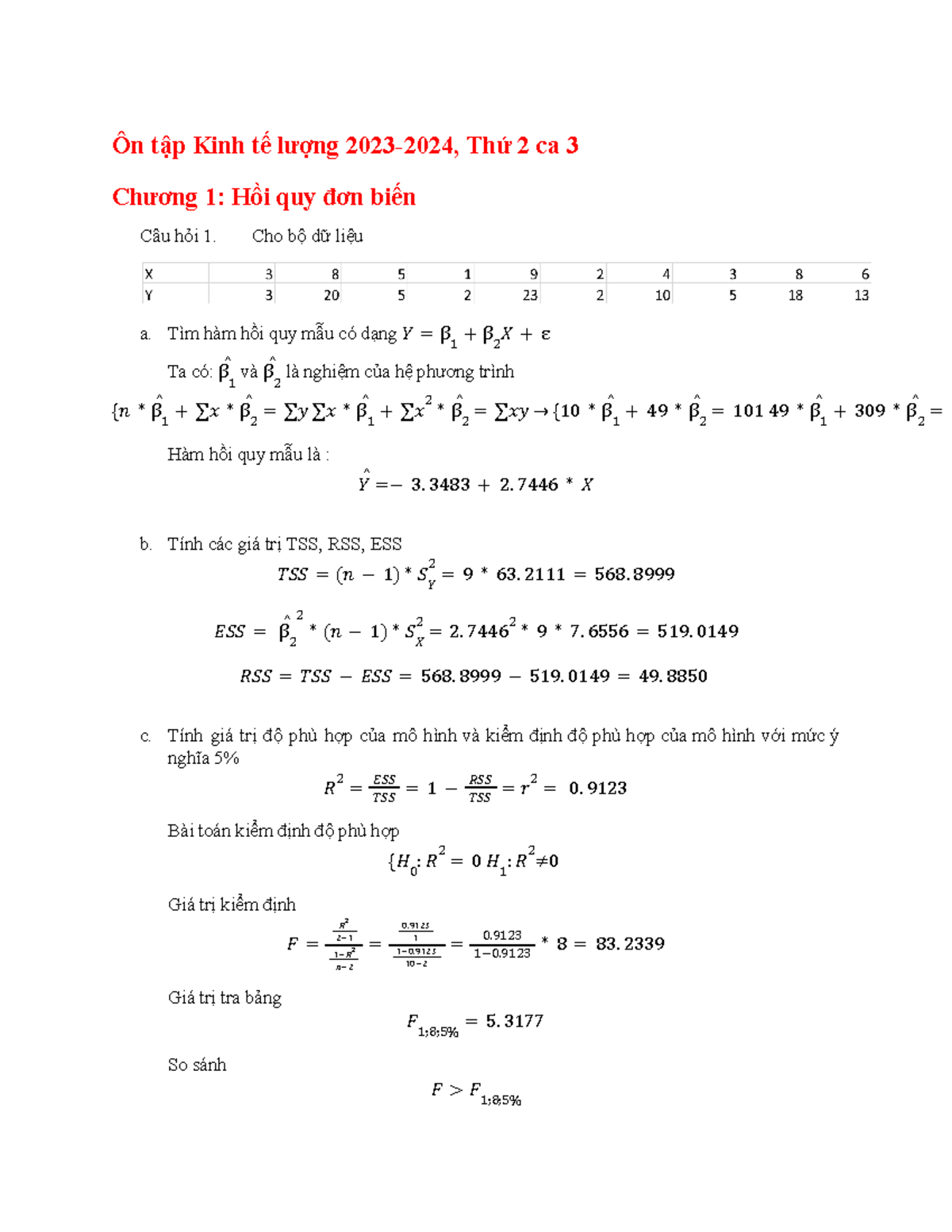 KTL 23-24 ôn tập ca3 t2.docx.pdf - Ôn tập Kinh tế lượng 2023-2024, Thứ 2 ca 3 Chương 1: Hồi quy ...