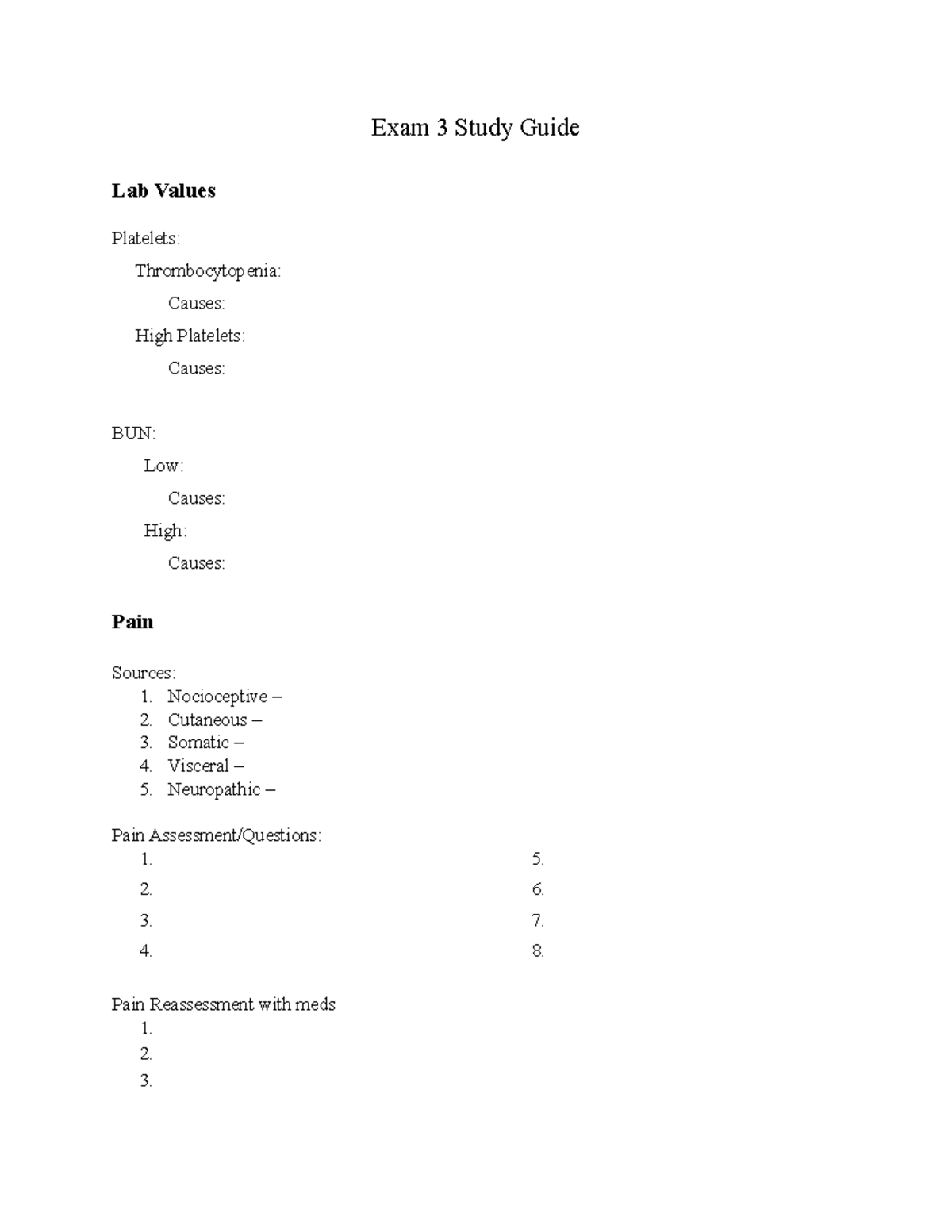 Exam 3 Study Guide - Exam 3 Study Guide Lab Values Platelets ...