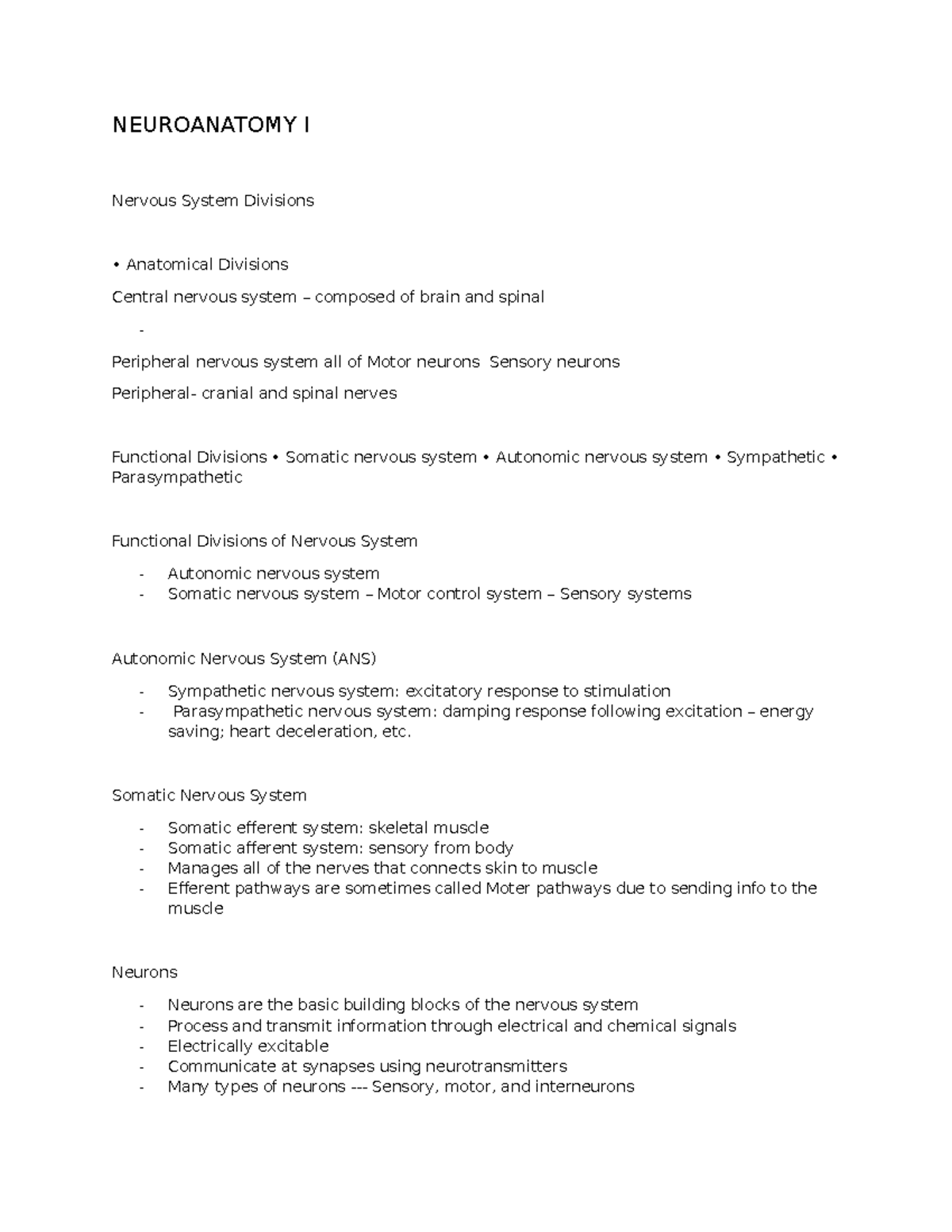 Comd 4250 Neuroanatomy - NEUROANATOMY I Nervous System Divisions ...