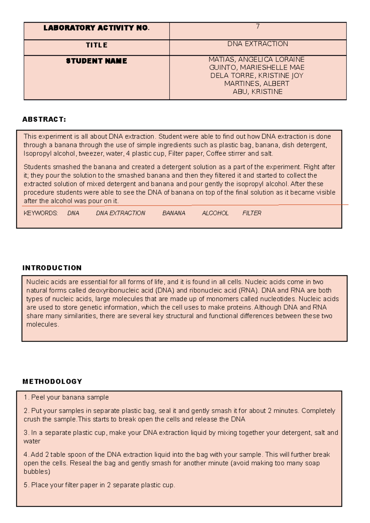 DNA Extraction - usuwuw - LABORATORY ACTIVITY NO. 7 TITLE DNA ...