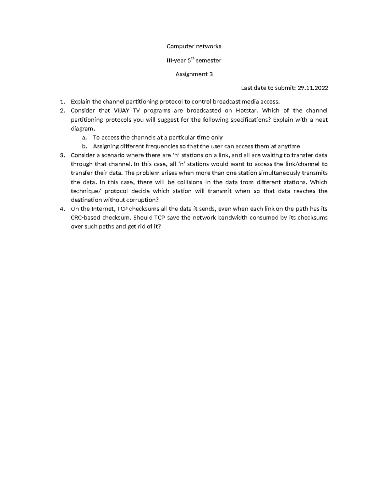 Computer Networks Assignment Computer Networks Iii Year 5th Semester Assignment 3 Last Date