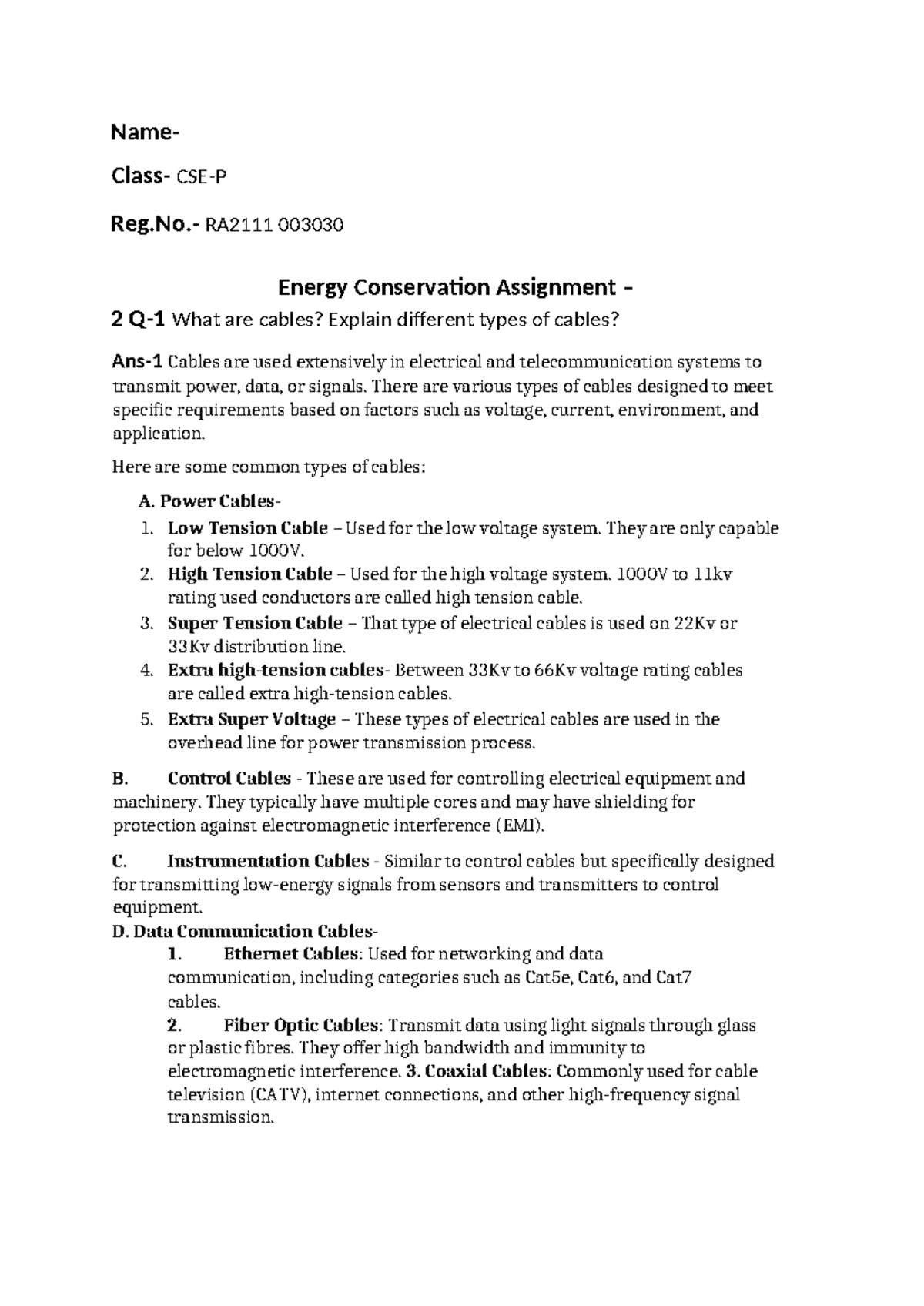 Energy Conservation Assignment -2 - Name- Class- CSE-P Reg.- RA2111 003030 Energy Conservation ...