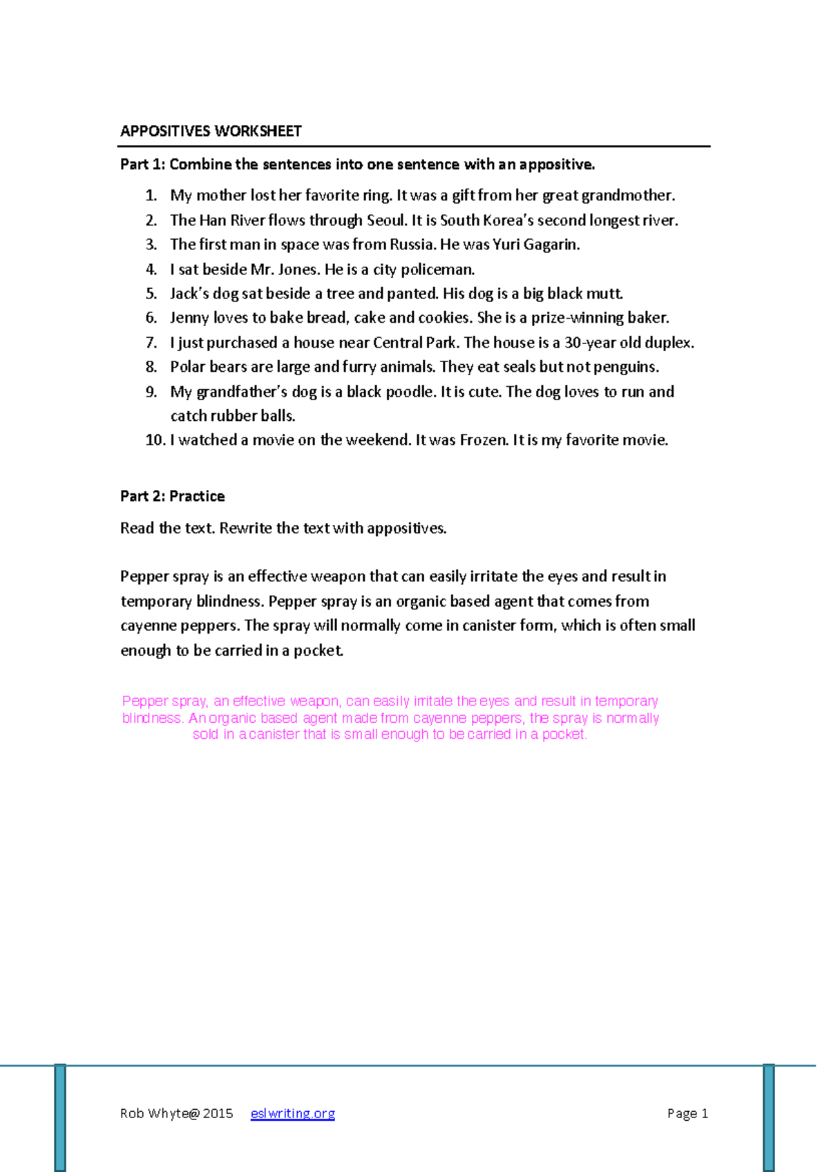 Appositives Homework Worksheet - Rob Whyte@2015 eslwriting Page 1 ...