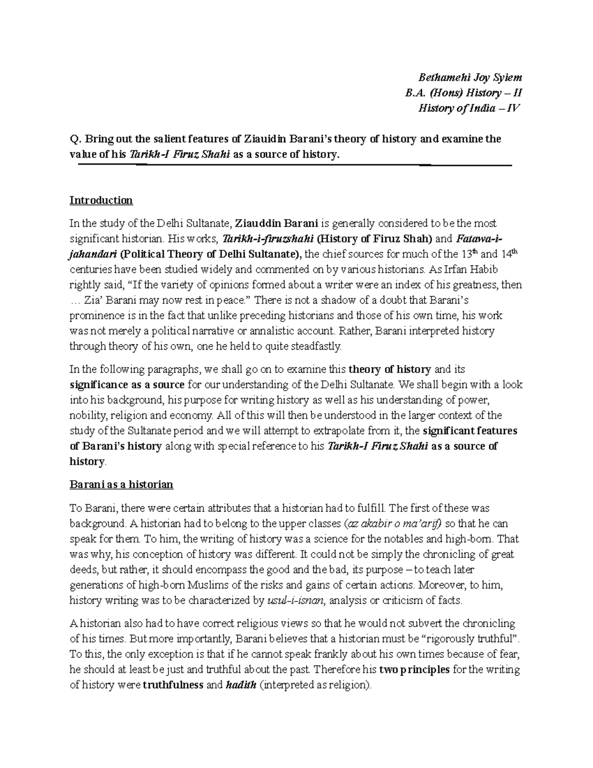 Barani Assignment - Uusushs - Bethamehi Joy Syiem B. (Hons) History ...