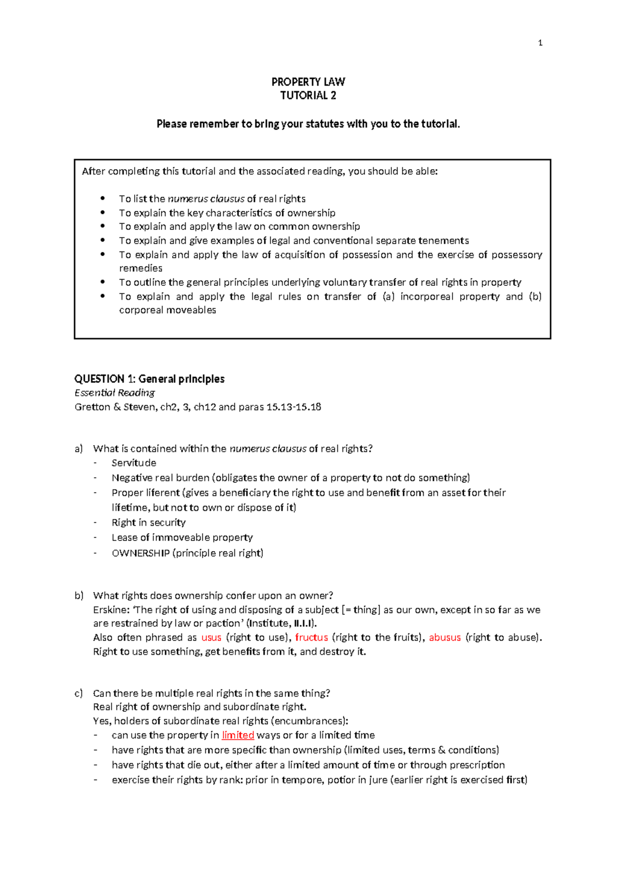 Property Law Tutorial 2 - PROPERTY LAW TUTORIAL 2 Please remember to ...