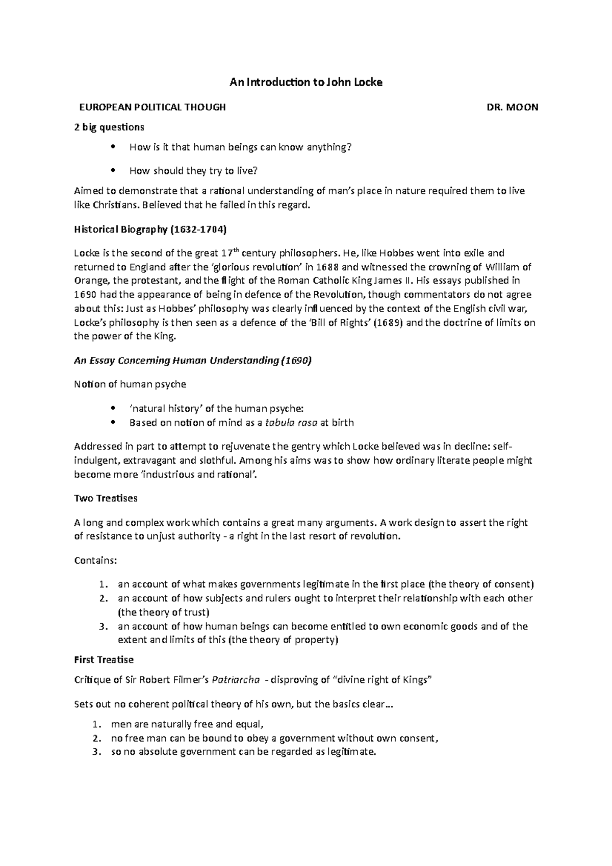 John Locke Lecture Notes - An Introduction to John Locke EUROPEAN ...