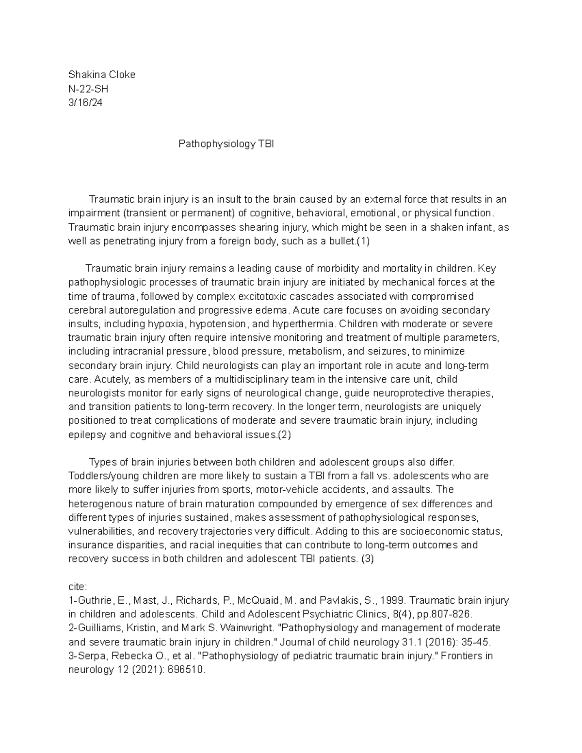 TBI Patho-Damian - TRAUMATIC BRAIN INJURY - Shakina Cloke N-22-SH 3/16/ Pathophysiology TBI ...