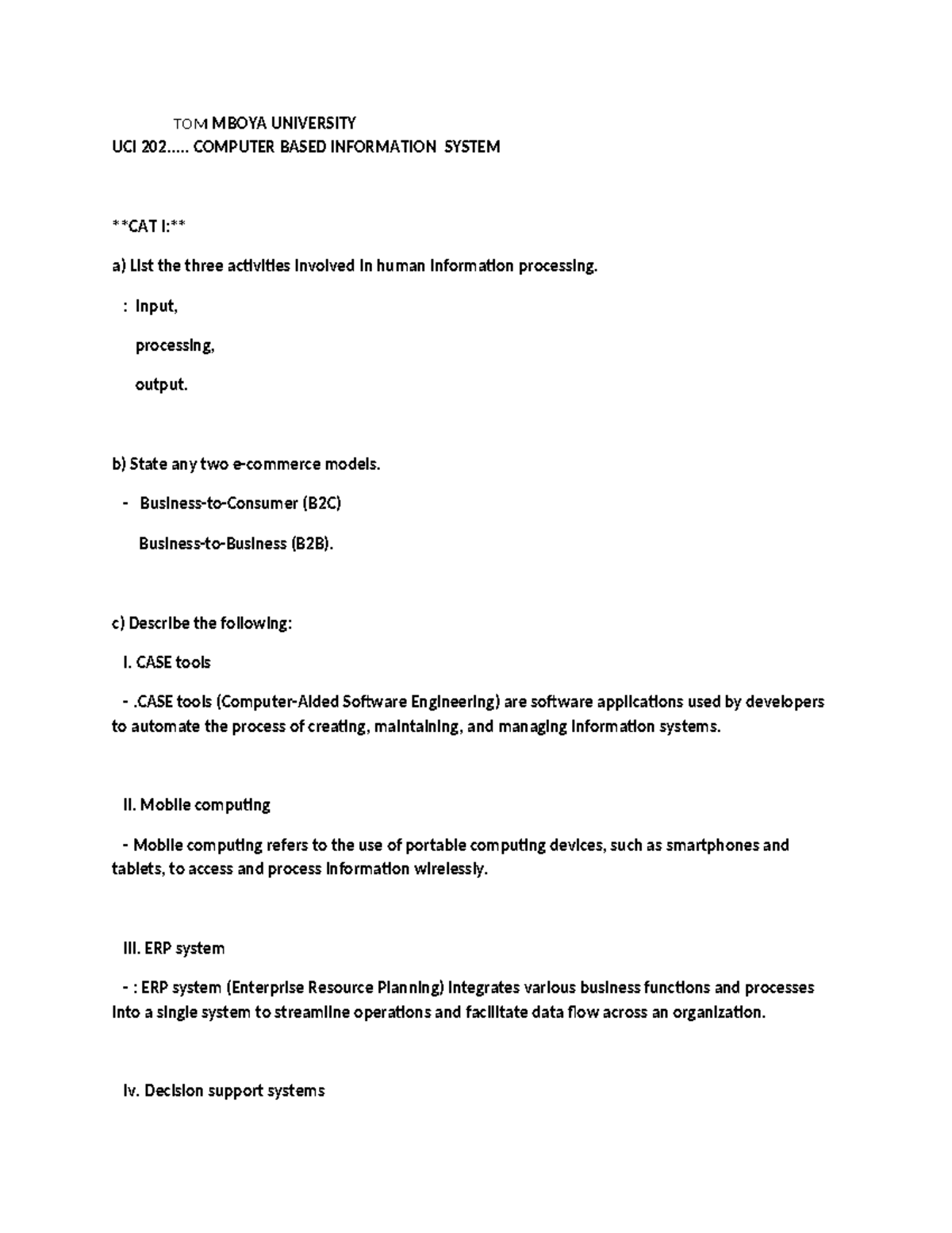 UCI 202 computer based information and systems - TOM MBOYA UNIVERSITY UCI 202..... COMPUTER ...