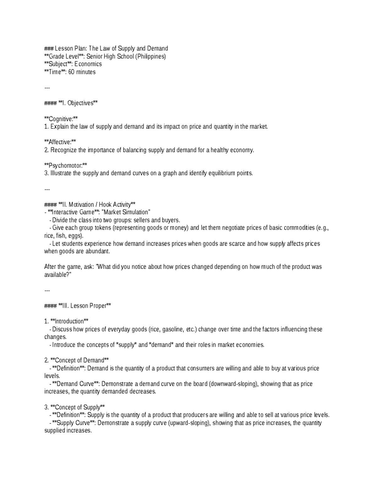 Lesson Plan - Economics - Lesson Plan: The Law of Supply and Demand ...