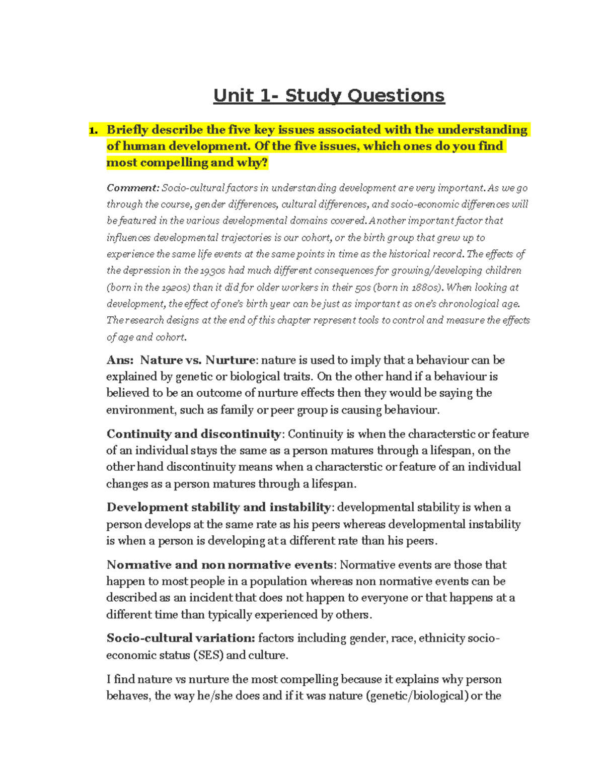 Unit 1- Chapter 1 Study Questions - Unit 1- Study Questions Briefly ...