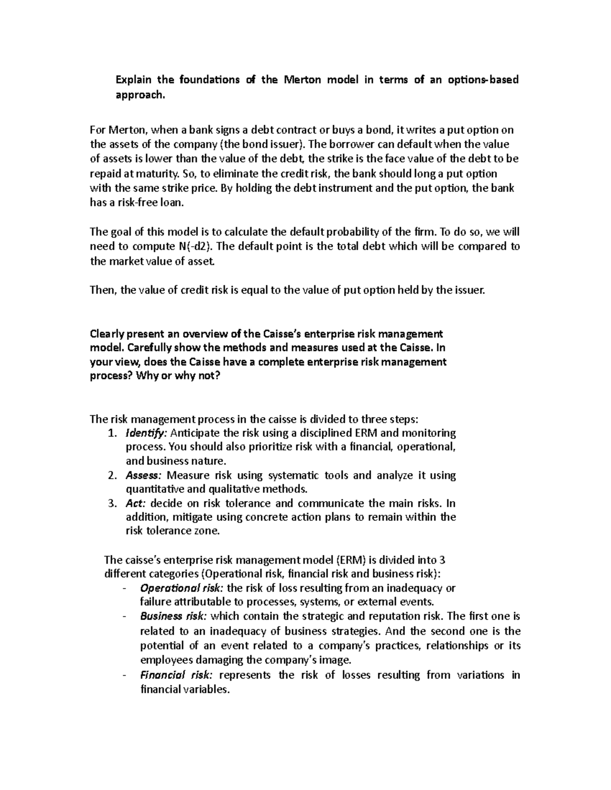 Additional learnings - Résumé - Explain the foundations of the Merton ...