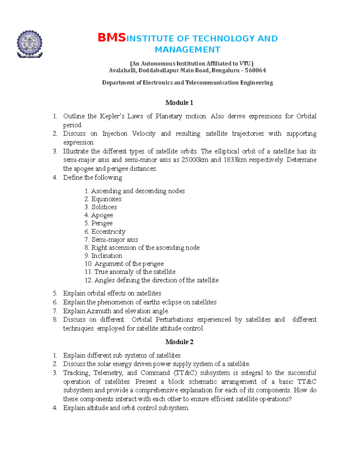 Question BANK - BMSINSTITUTE OF TECHNOLOGY AND MANAGEMENT (An ...