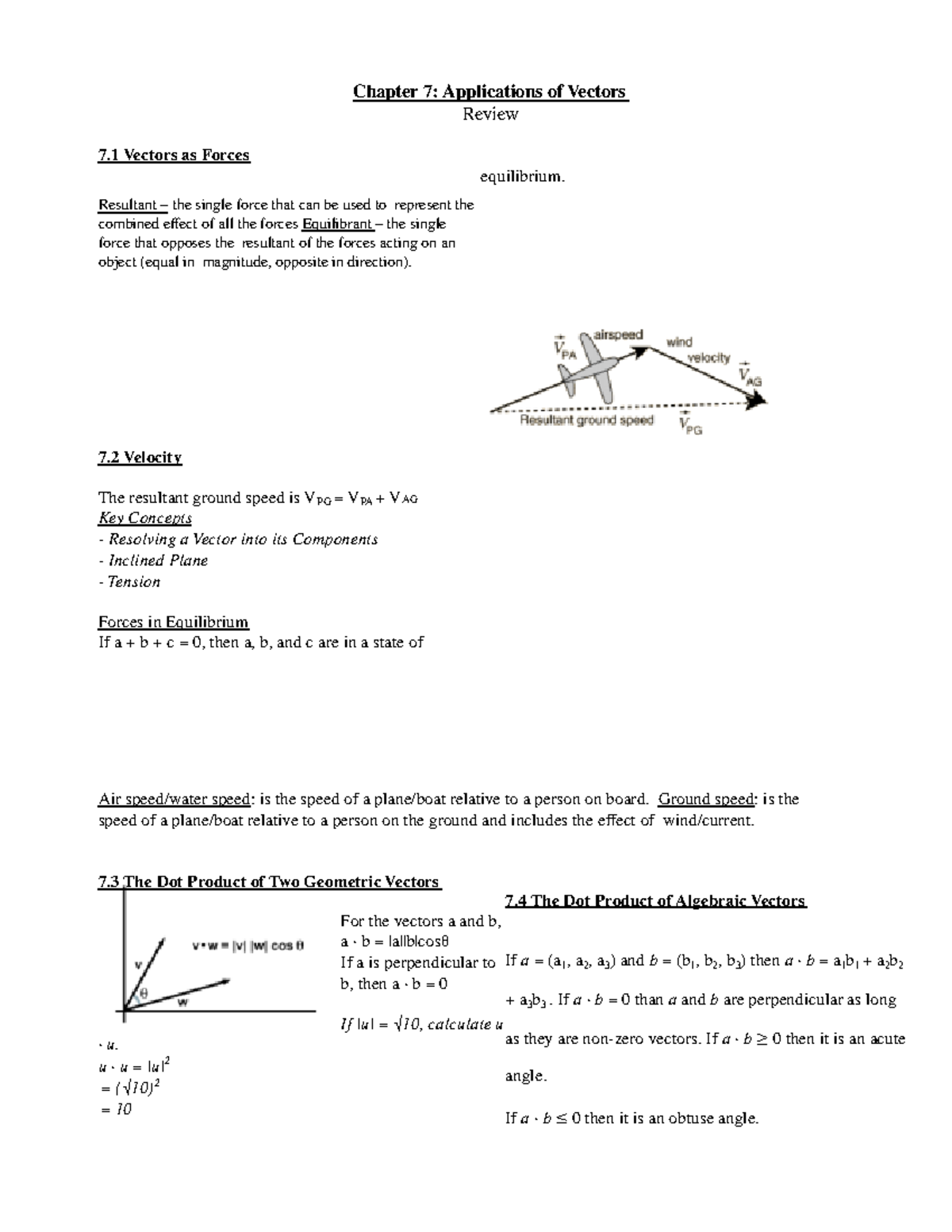 Chapter 7 Review Sheet S2 0809 - Chapter 7: Applications of Vectors ...