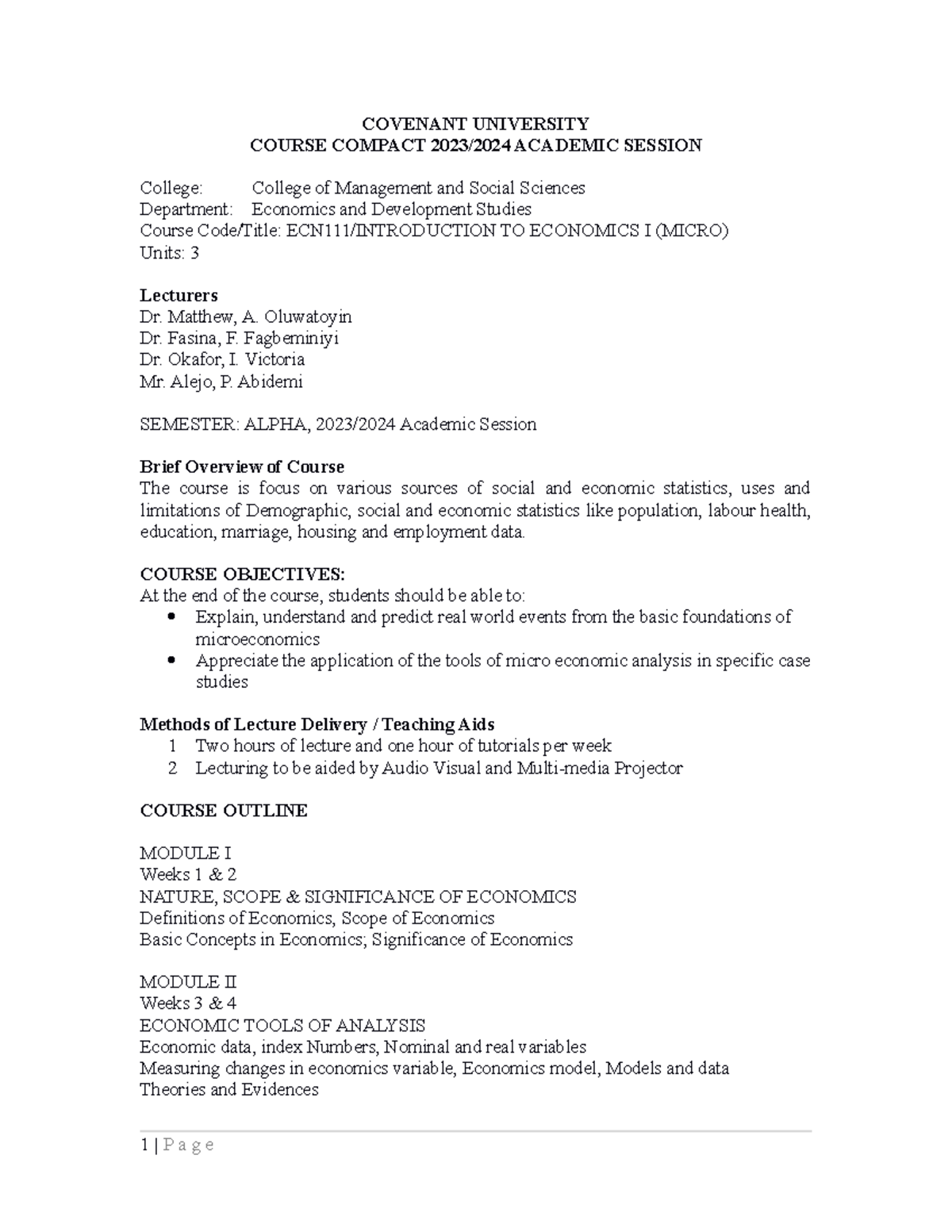 Course Compact ECN 111 - COVENANT UNIVERSITY COURSE COMPACT 2023/2024 ...