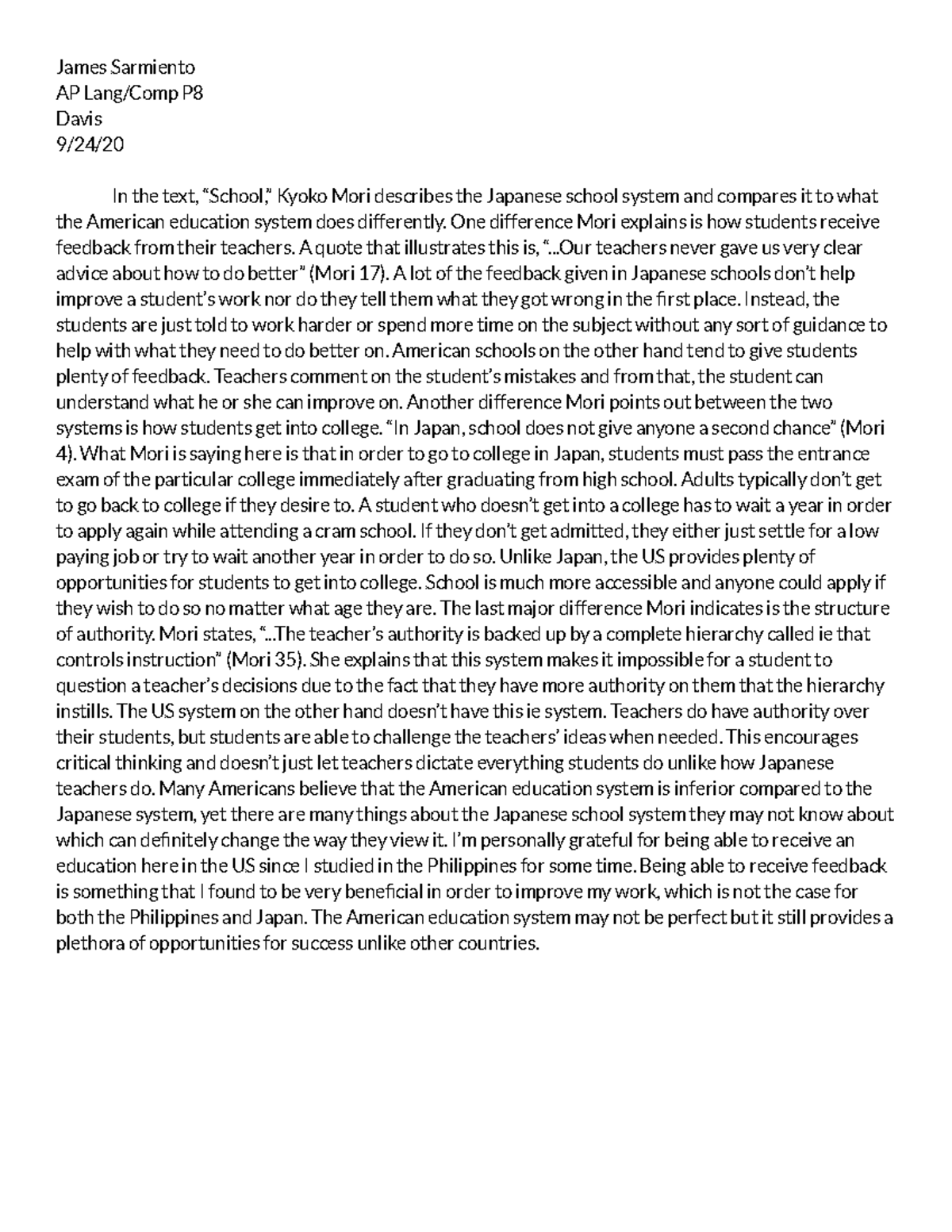 Summarize School - James Sarmiento AP Lang/Comp P Davis 9/24/ In the text,