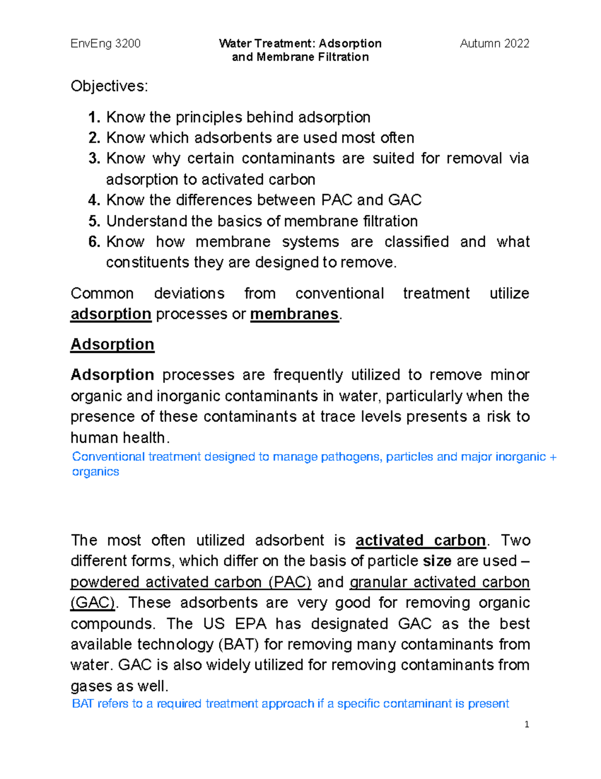 Water Treatment - Adsorption and Membrane Filtration - and Membrane Filtration Objectives: 1 ...