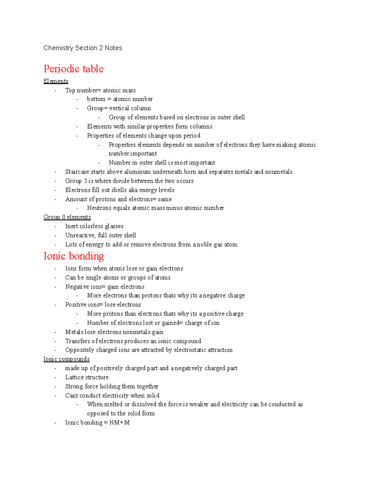Chemistry Section 2 notes - Chemistry Section 2 Notes Periodic table ...
