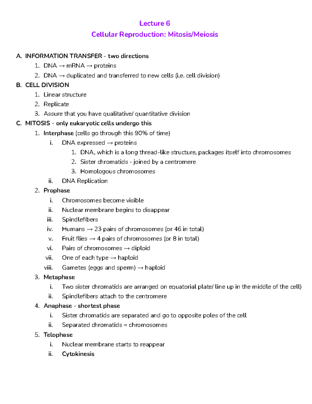 BIOL121 Lecture 6 Notes - Mitosis Meiosis - Lecture 6 Cellular ...