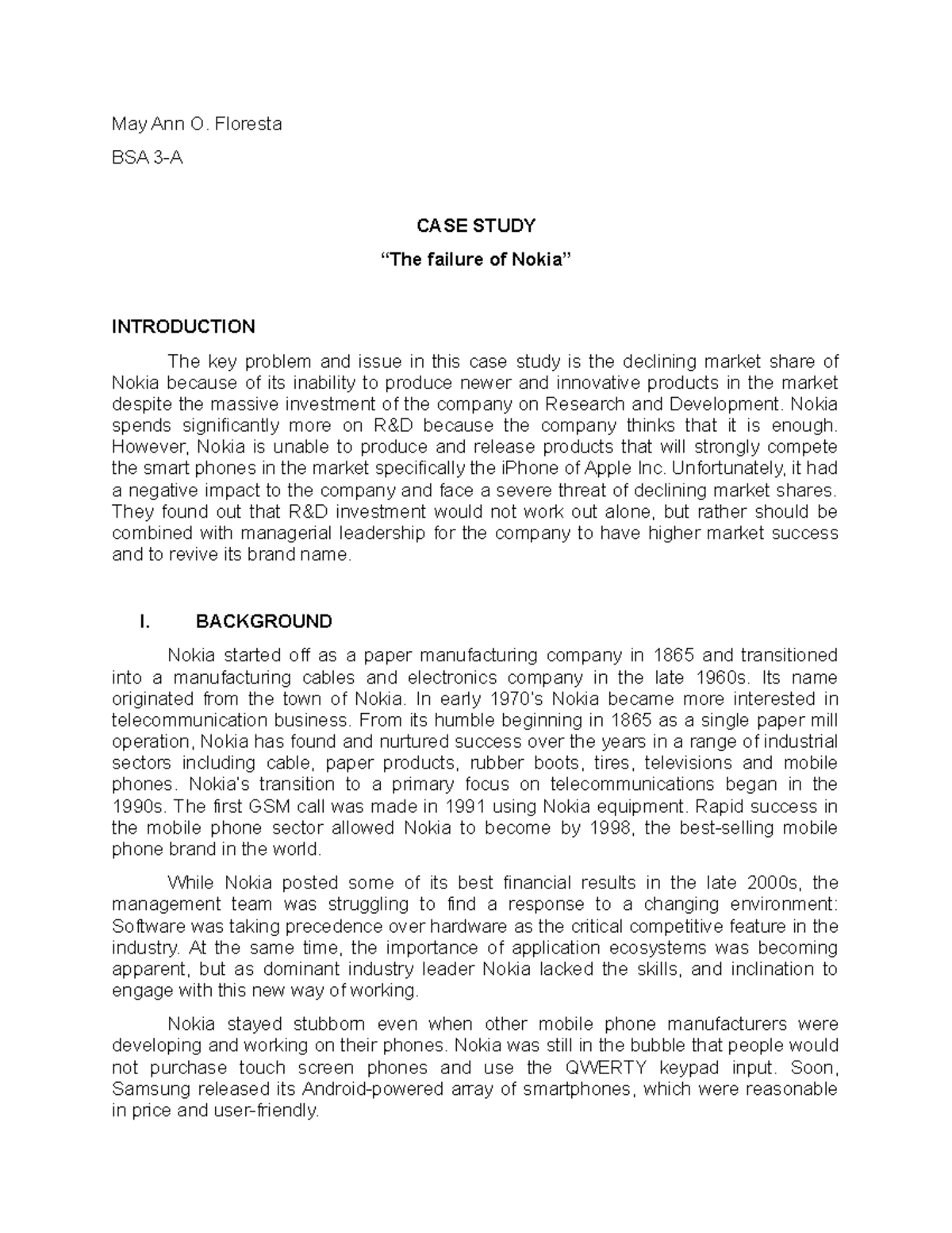 CASE- Study final nokia - May Ann O. Floresta BSA 3-A CASE STUDY “The ...