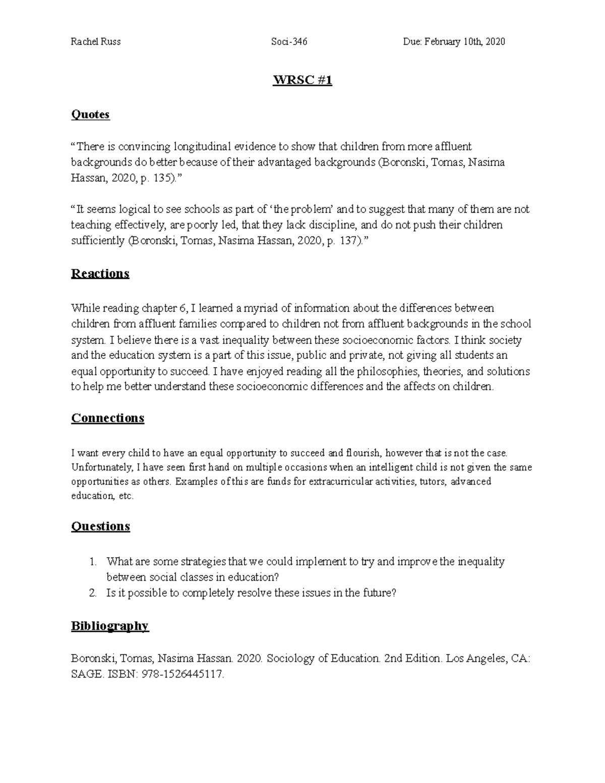 WRSC 1 - WRSC 1 - Rachel Russ Soci-346 Due: February 10th, 2020 WRSC ...