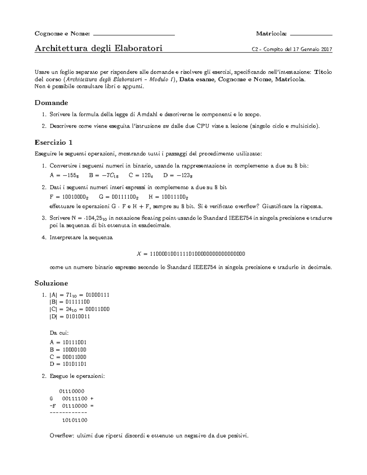 Compito Mod 1C2 - Esame modulo 1 - Cognome e Nome: Matricola ...