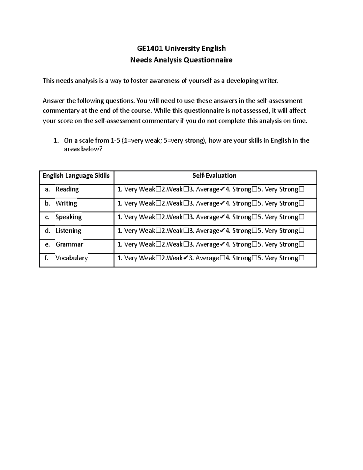 GE1401+Needs+Analysis+Questionnaire - GE1401 University English Needs ...