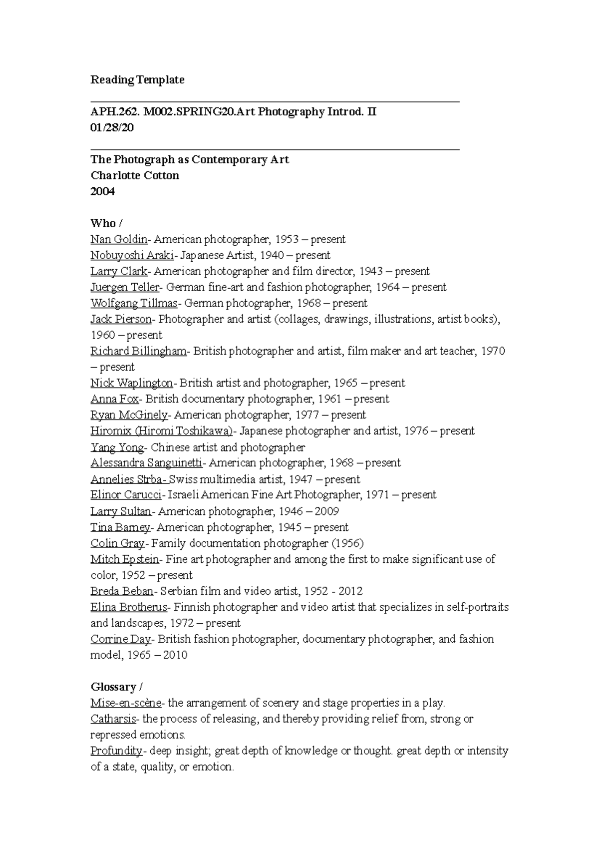 Reading Template 1 - Reading Template APH. M002.SPRING20 Photography ...