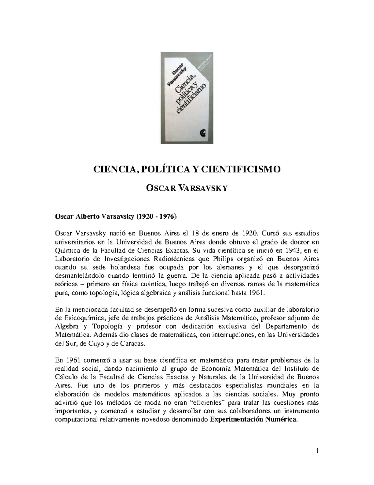 02 - Varsavsky Oscar “Prefacio”, “Ciencia politizada”, “El ...