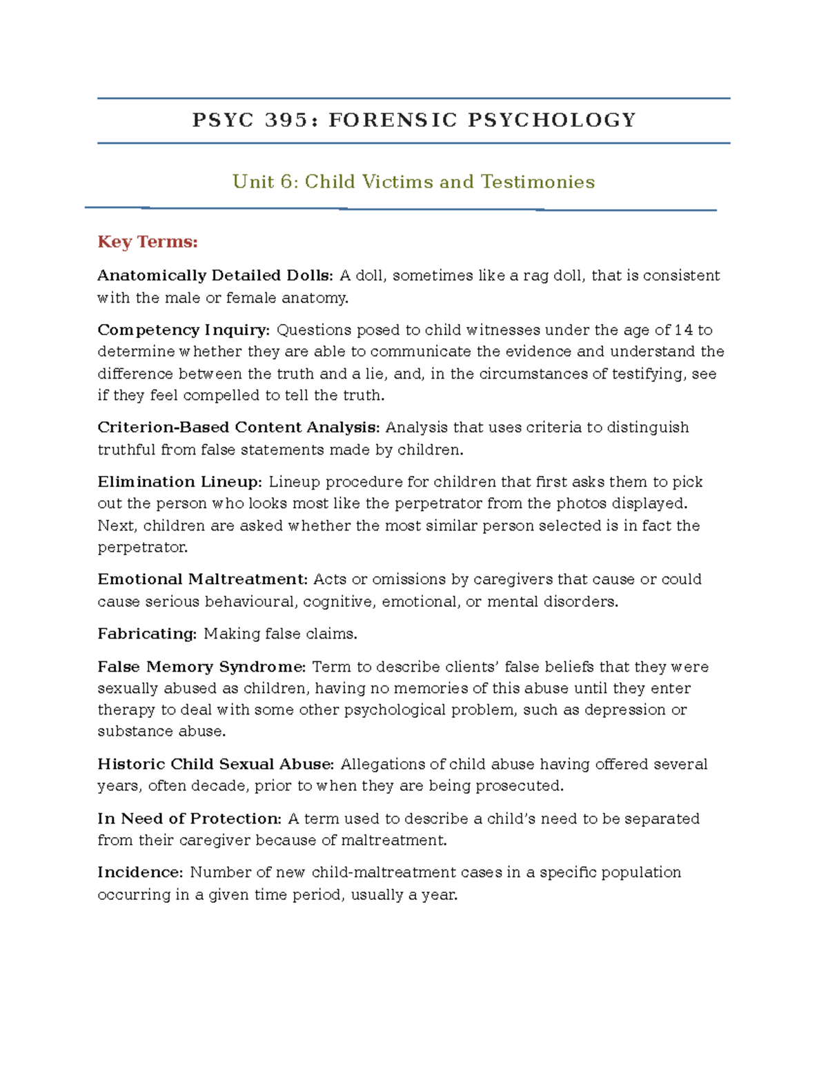 PSYC 395 - Unit 6 Notes - PSYC 395: FORENSIC PSYCHOLOGY Unit 6: Child ...