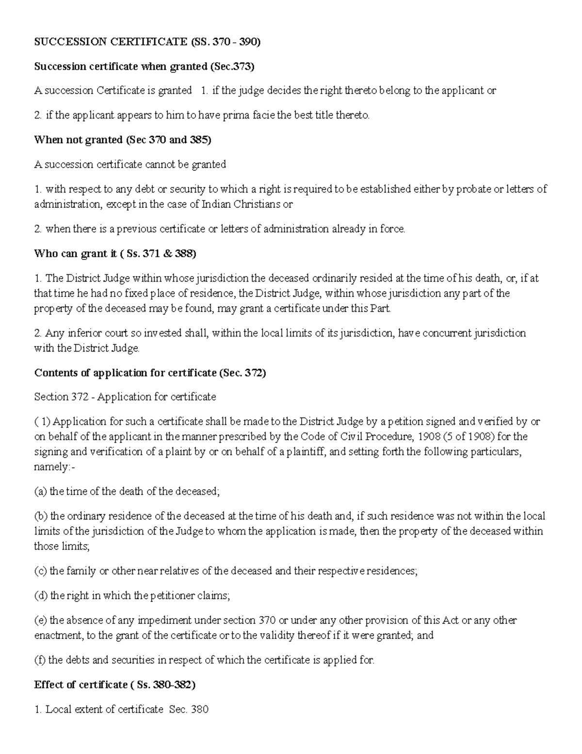 Succession certificate - SUCCESSION CERTIFICATE (SS. 370 - 390 ...