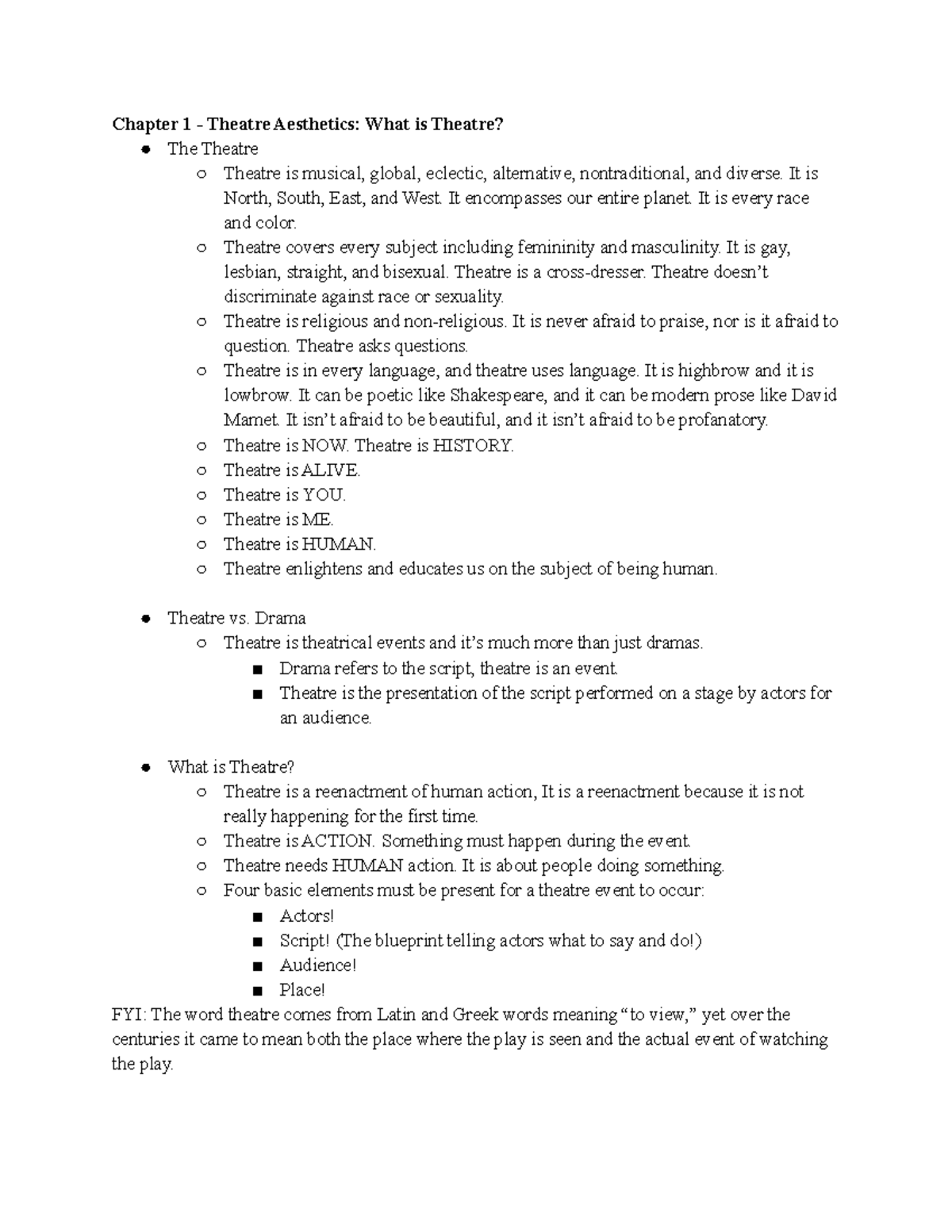 Chapter 1 Notes - Chapter 1 - Theatre Aesthetics: What is Theatre? The ...