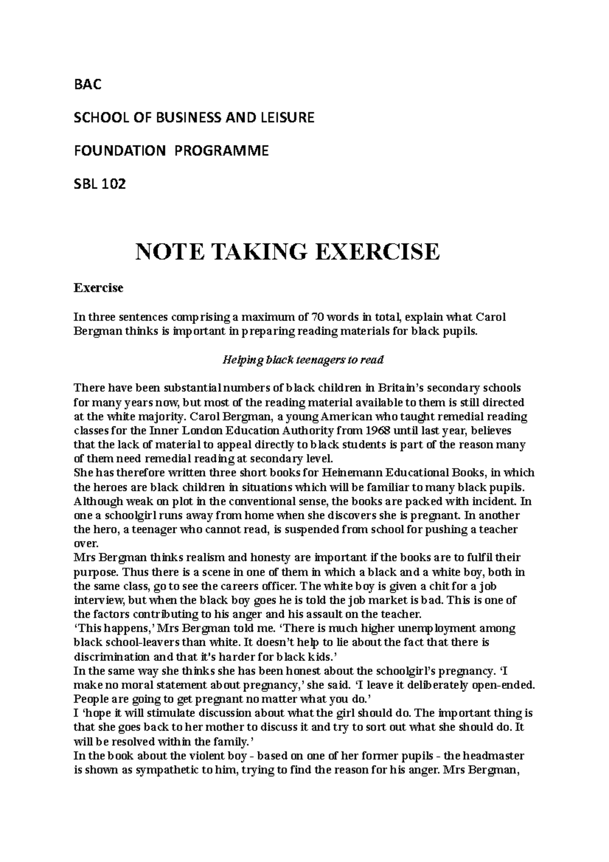 Note taking exercise 33 LAS - BAC SCHOOL OF BUSINESS AND LEISURE ...