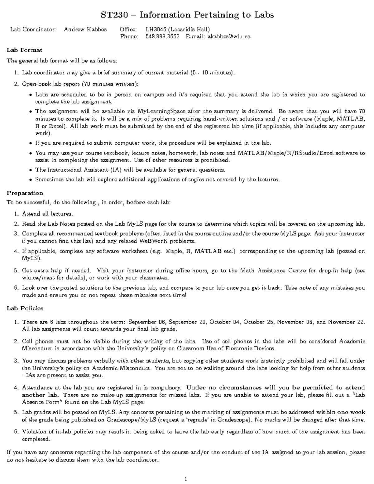 Labformat F 24 - lab - ST230 – Information Pertaining to Labs Lab Coordinator: Andrew Kabbes ...
