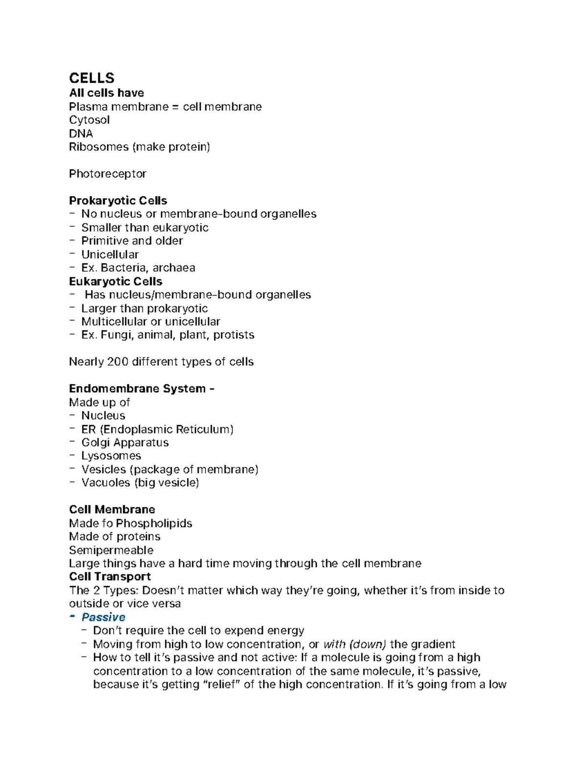BIOL Week 3 - Biology and the Citizen notes on cells - CELLS All cells ...