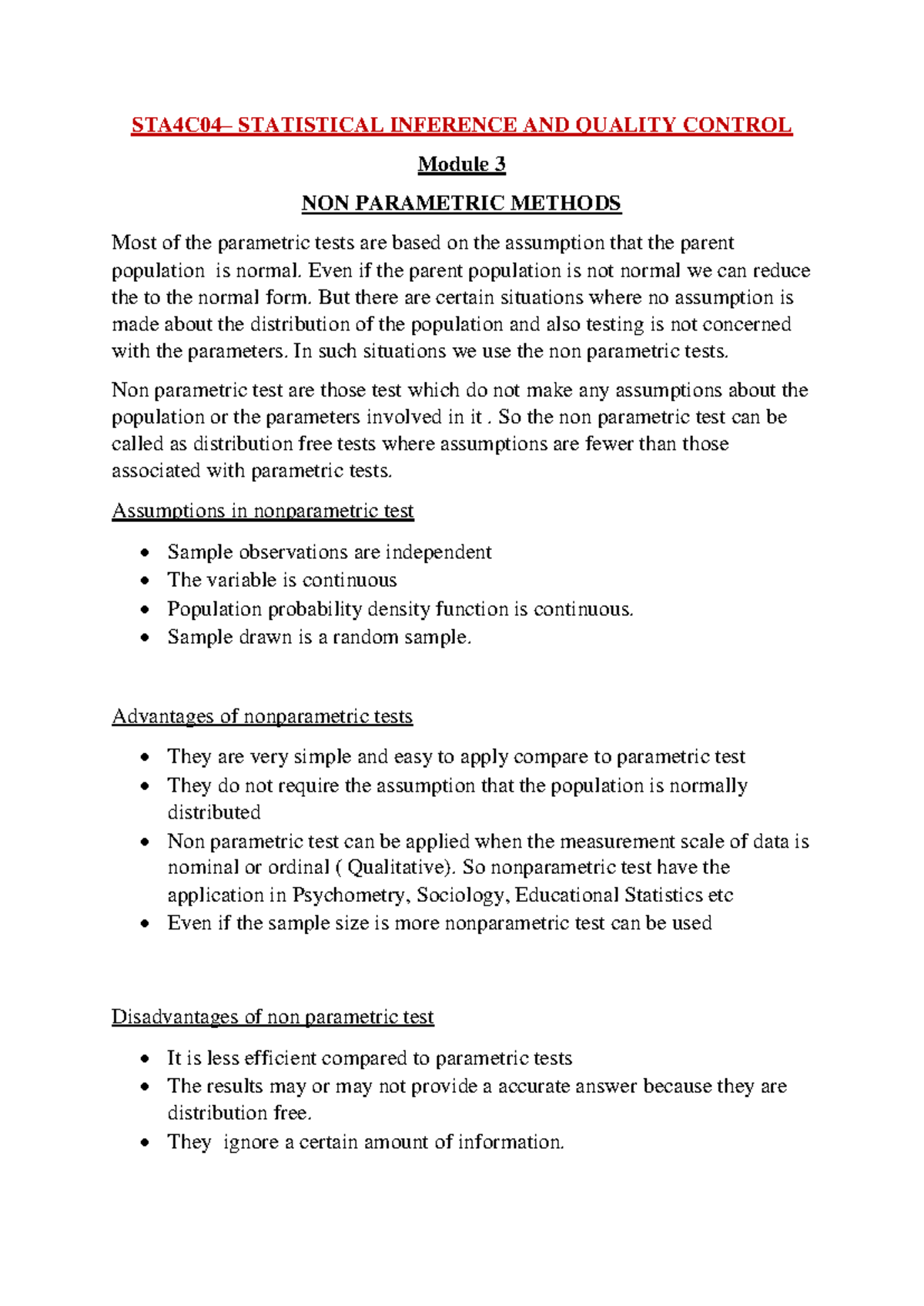 NON Parametric TEST Notes - STA4C04– STATISTICAL INFERENCE AND QUALITY ...