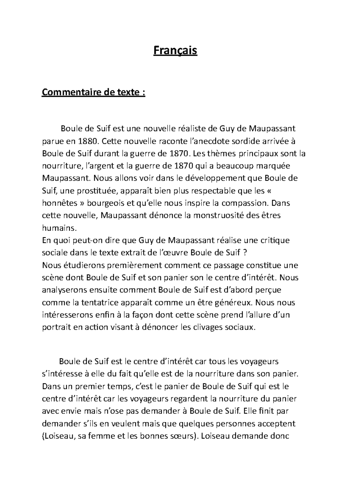 Français commentaire de texte Extrait Boule de Suif - Français ...