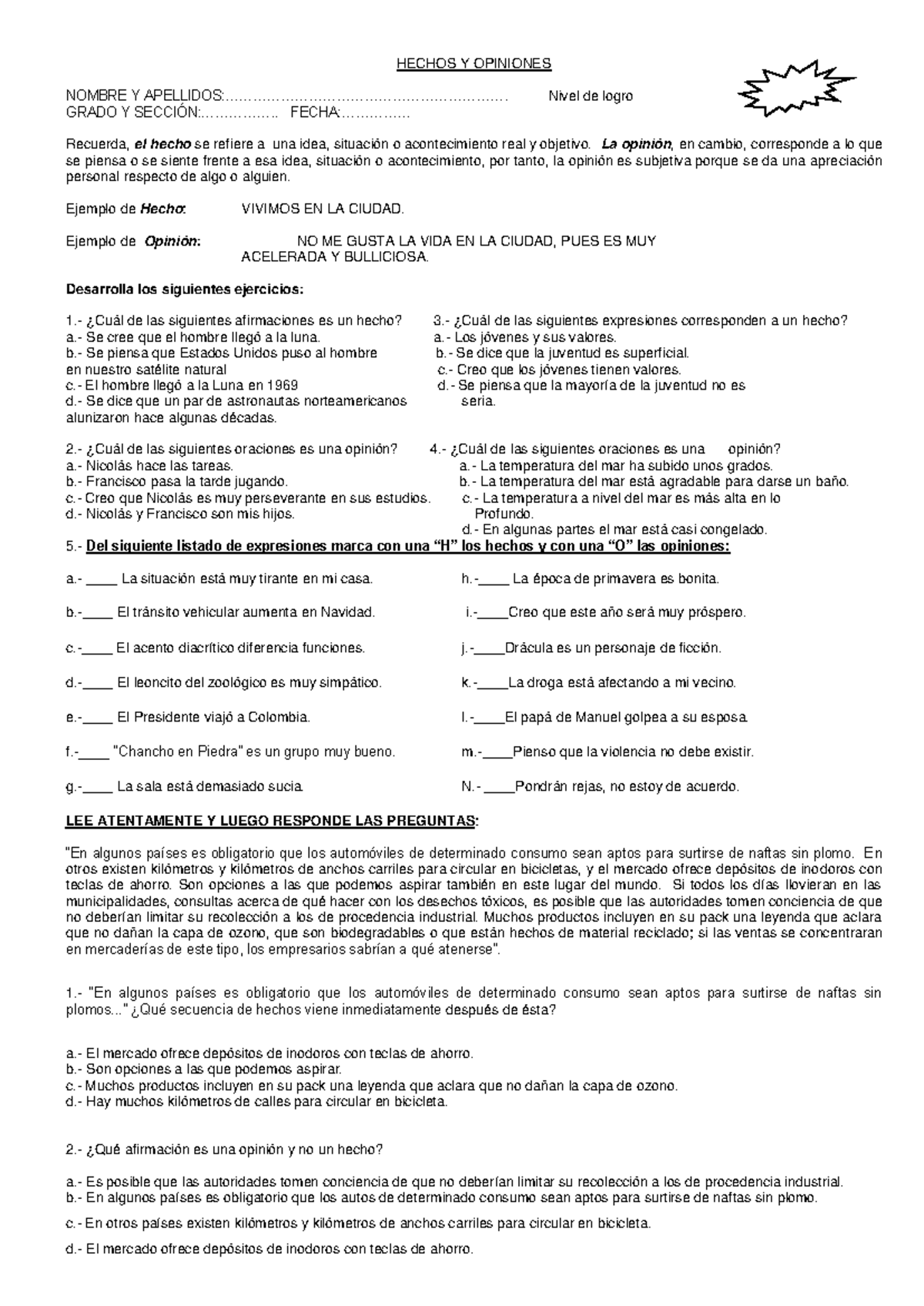 Práctica de hechos y opiniones - HECHOS Y OPINIONES NOMBRE Y - Studocu