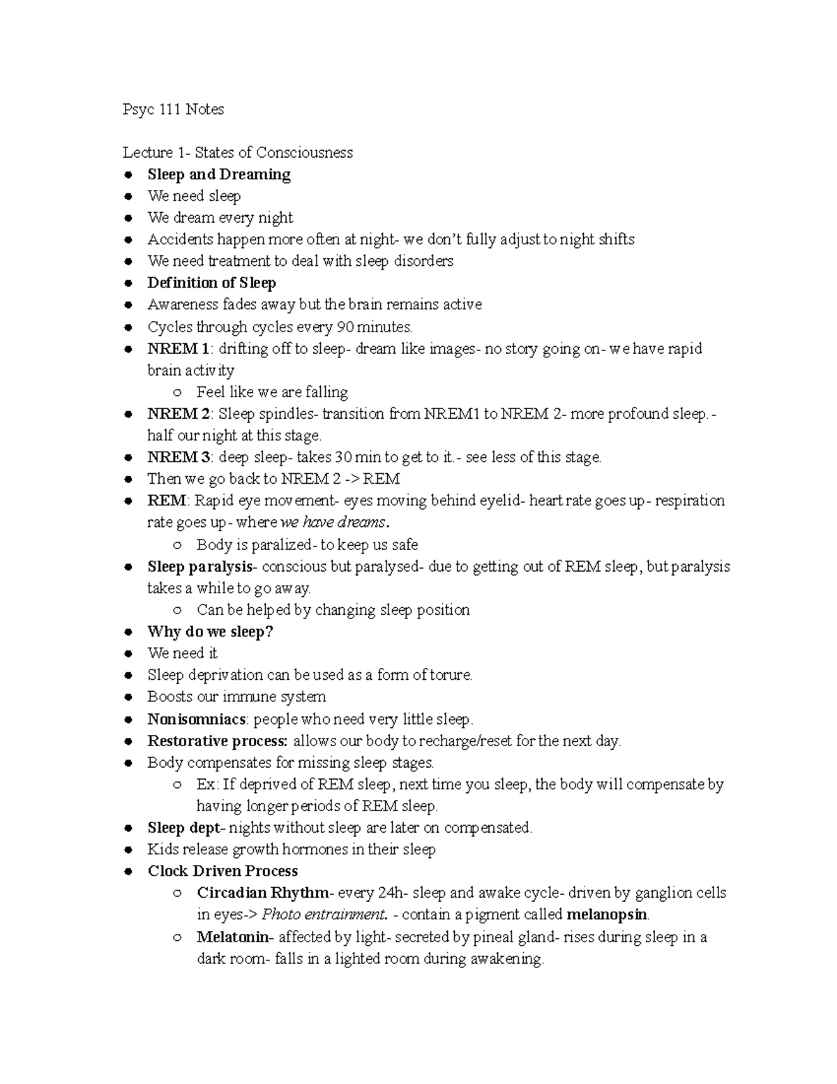 Notes exam 2 - PSycology states of consciousness - Psyc 111 Notes ...