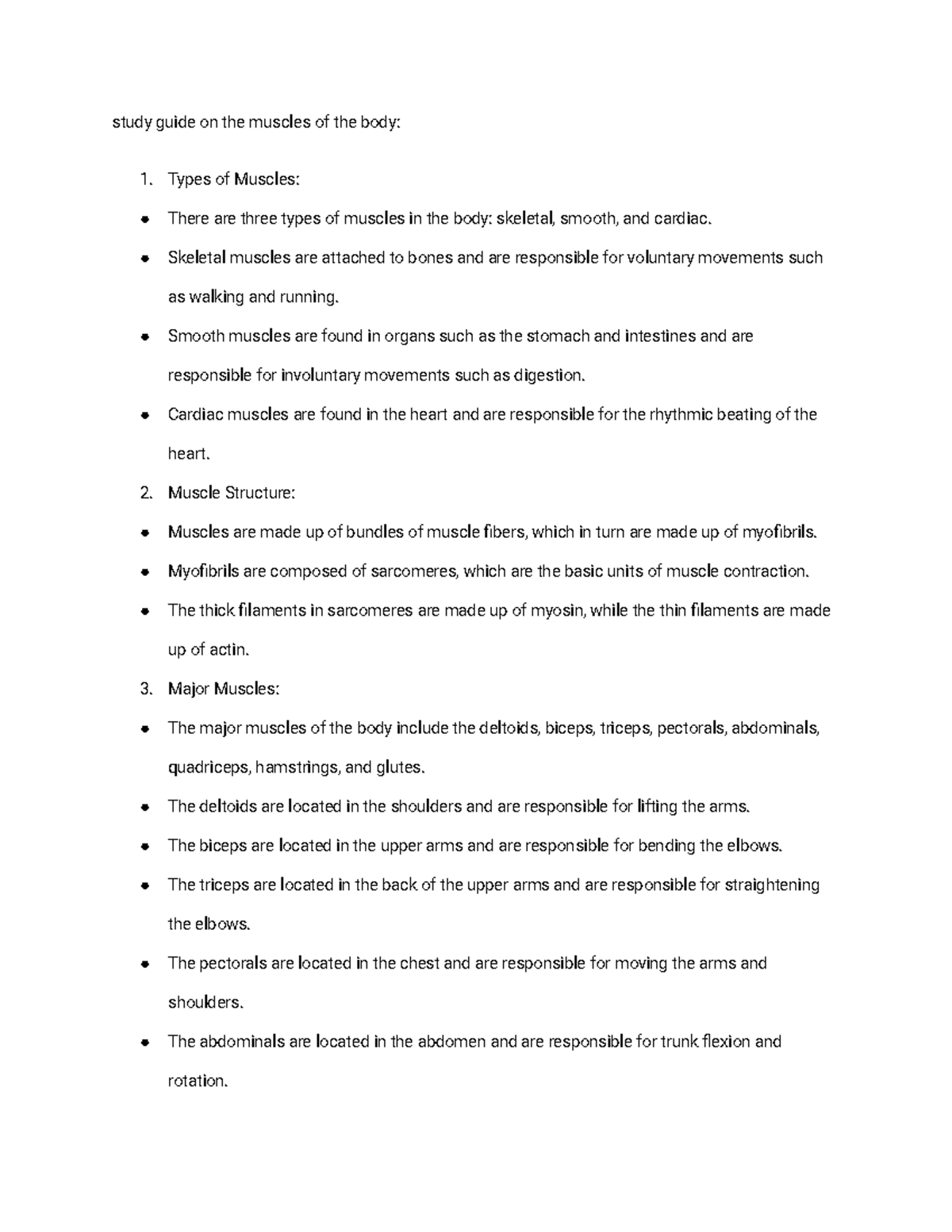 Study Guide on Muscles - study guide on the muscles of the body: Types ...