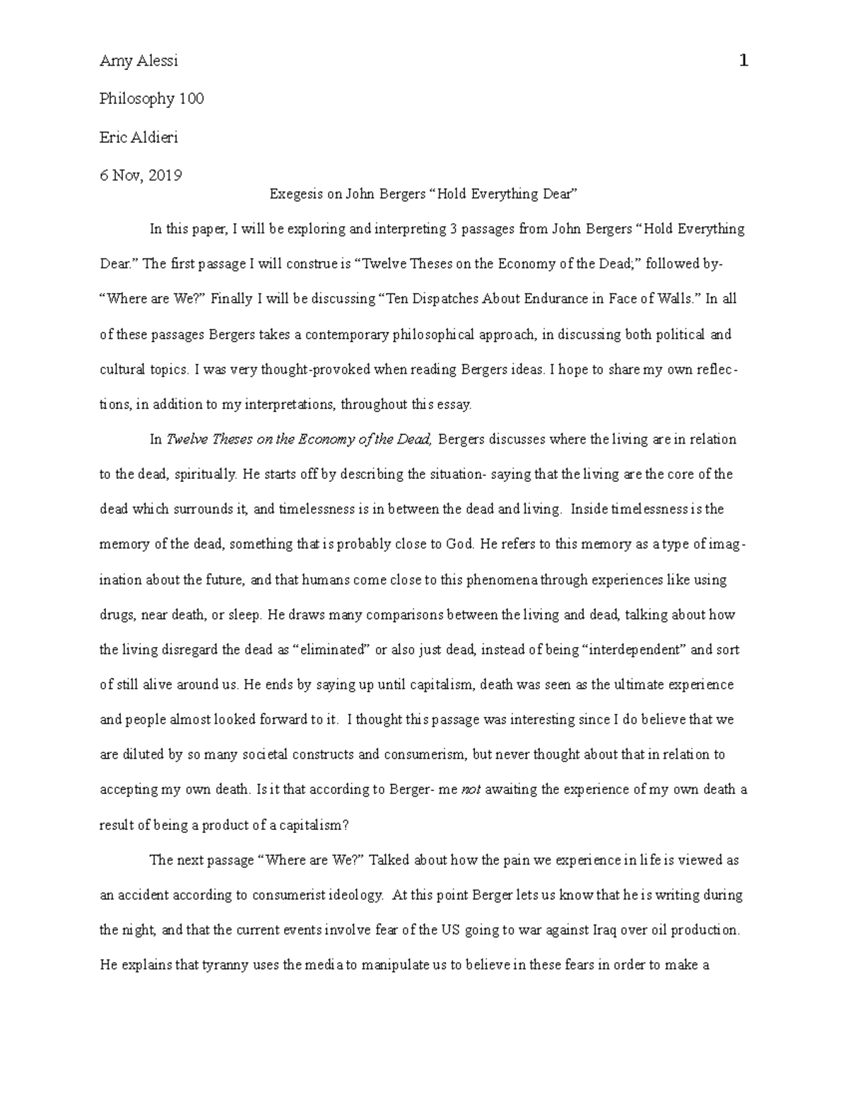 Philosophy Essay 3 - Amy Alessi 1 Philosophy 100 Eric Aldieri 6 Nov ...