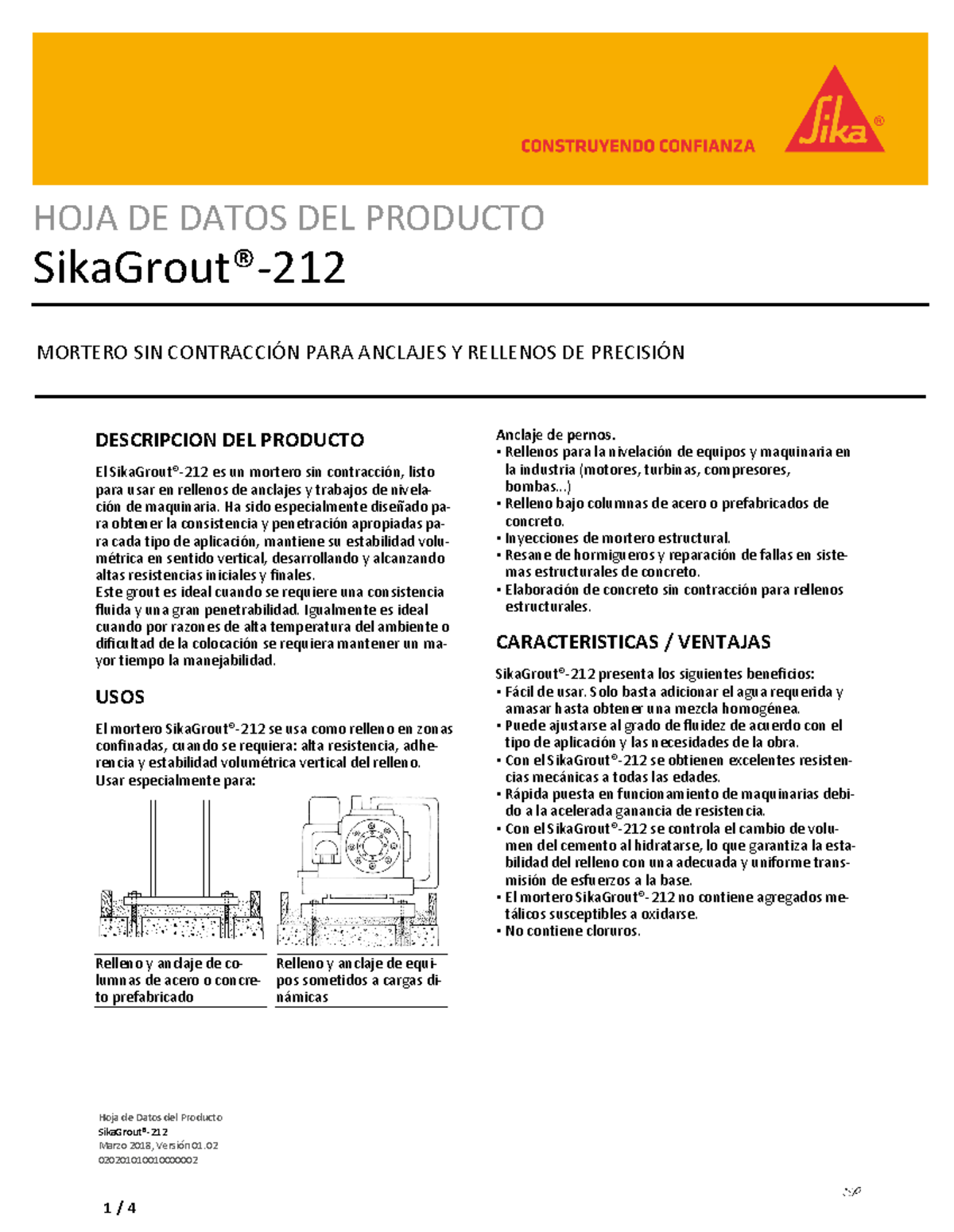 Sikagrout -212 - Grout de anclaje sika 212 - HOJA DE DATOS DEL PRODUCTO SikaGrout®- MORTERO SIN ...