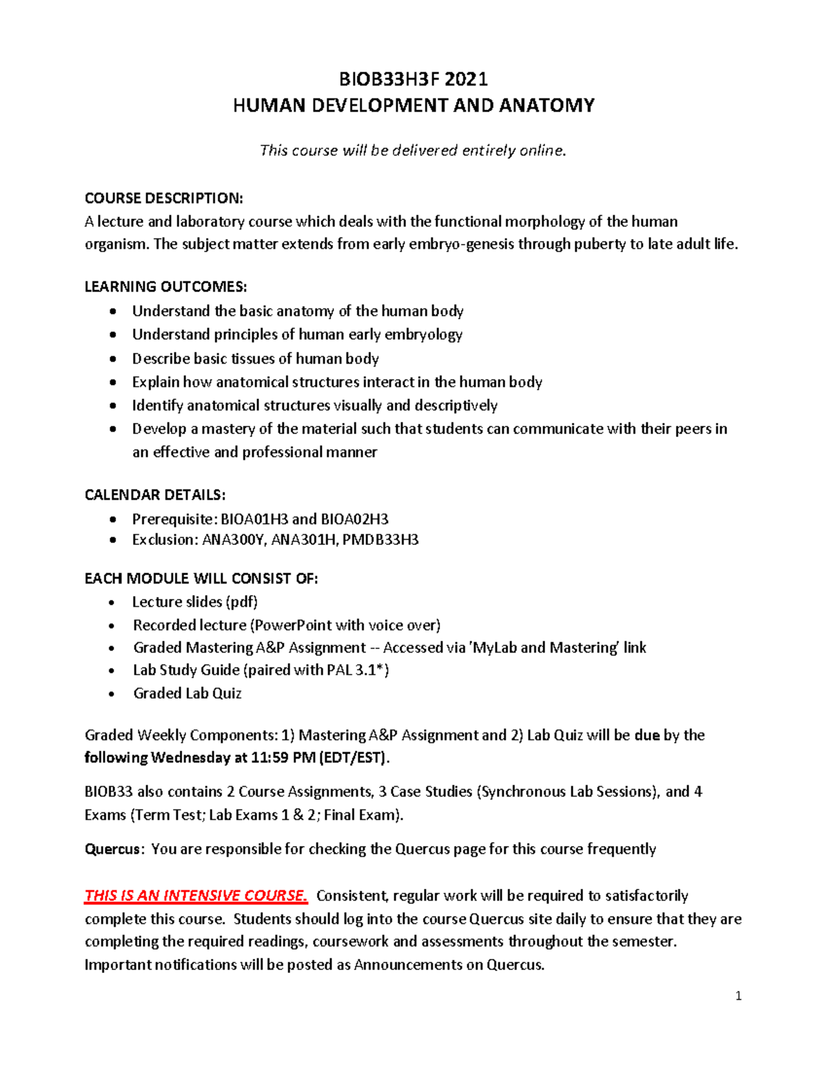 BIOB33H3F - Summarized content biology outline web course content ...