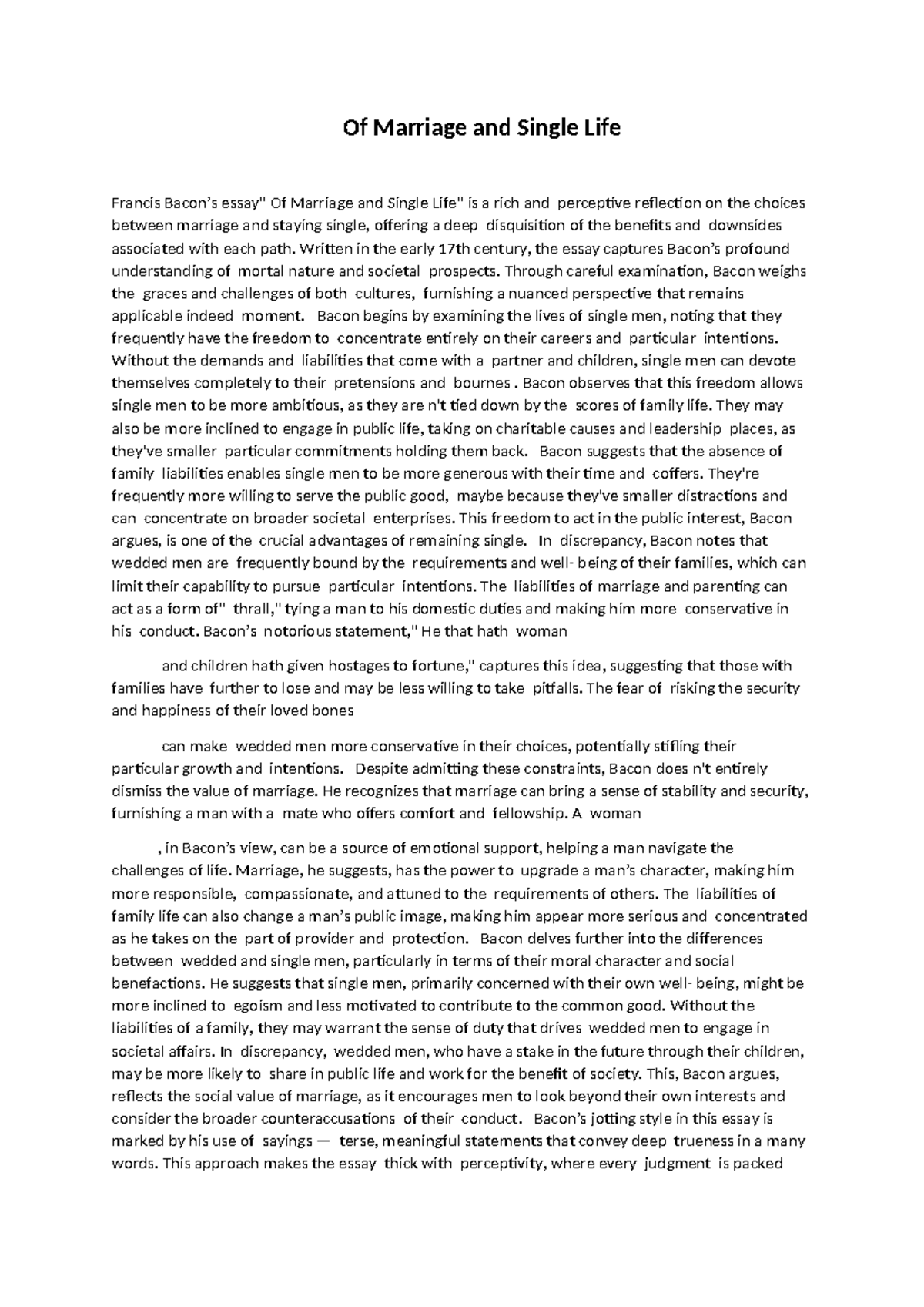 Of Marriage and Single Life - Of Marriage and Single Life Francis Bacon ...