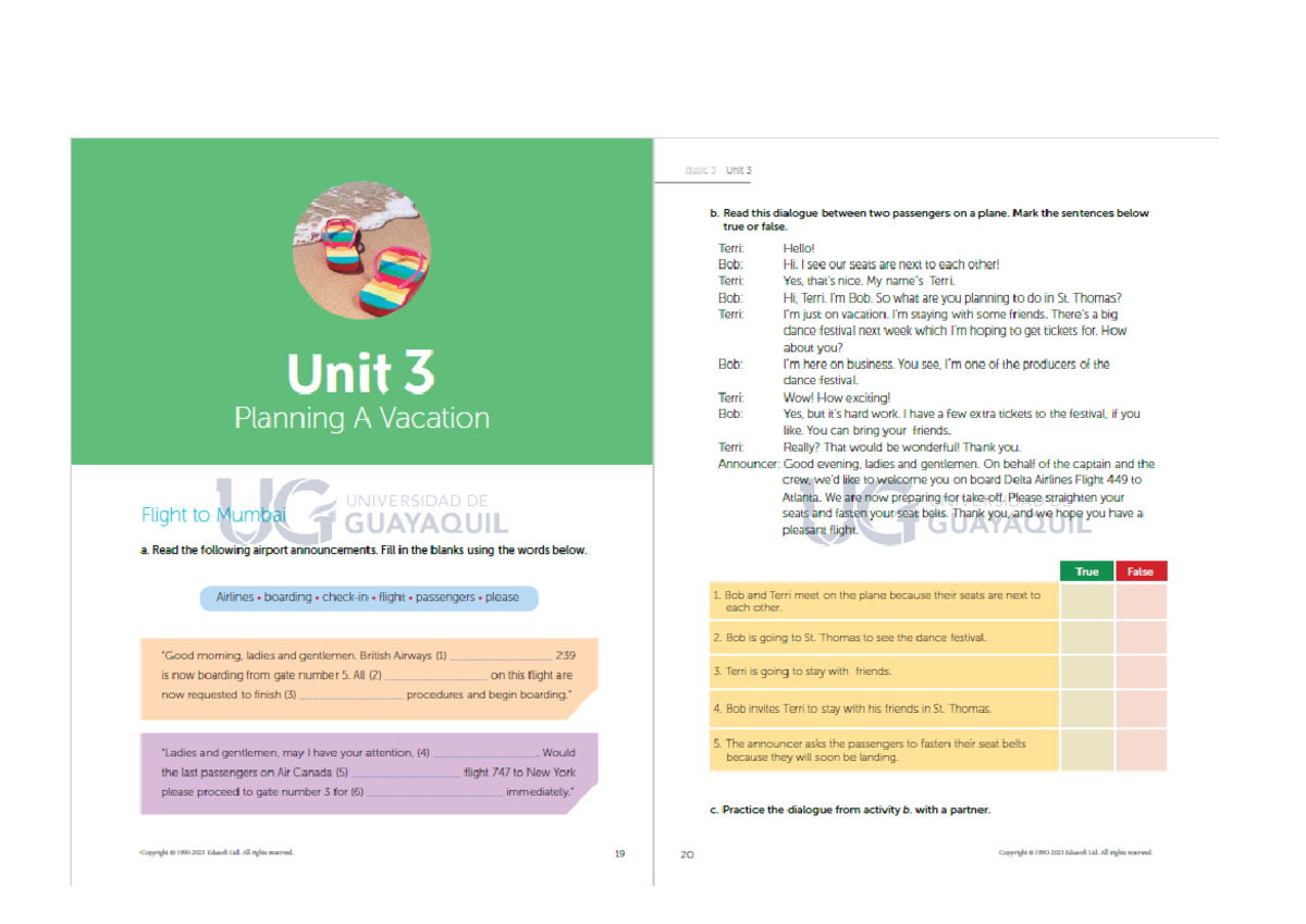 U3 - Planning a vacation - Basic 3 Unit 3 b. Read this dialogue between two passengers on a ...