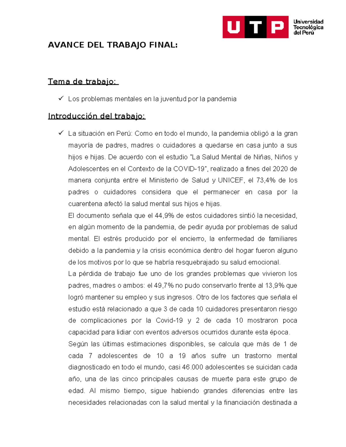 Avancito DEL Trabajo Final - AVANCE DEL TRABAJO FINAL: Tema de trabajo: Los problemas mentales ...