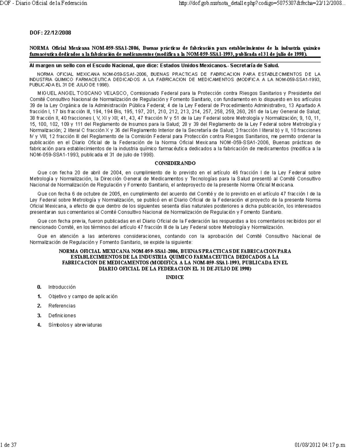 NOM-059-SSA 2006 Diario Oficial - DOF: 22/12/ NORMA Oficial Mexicana ...