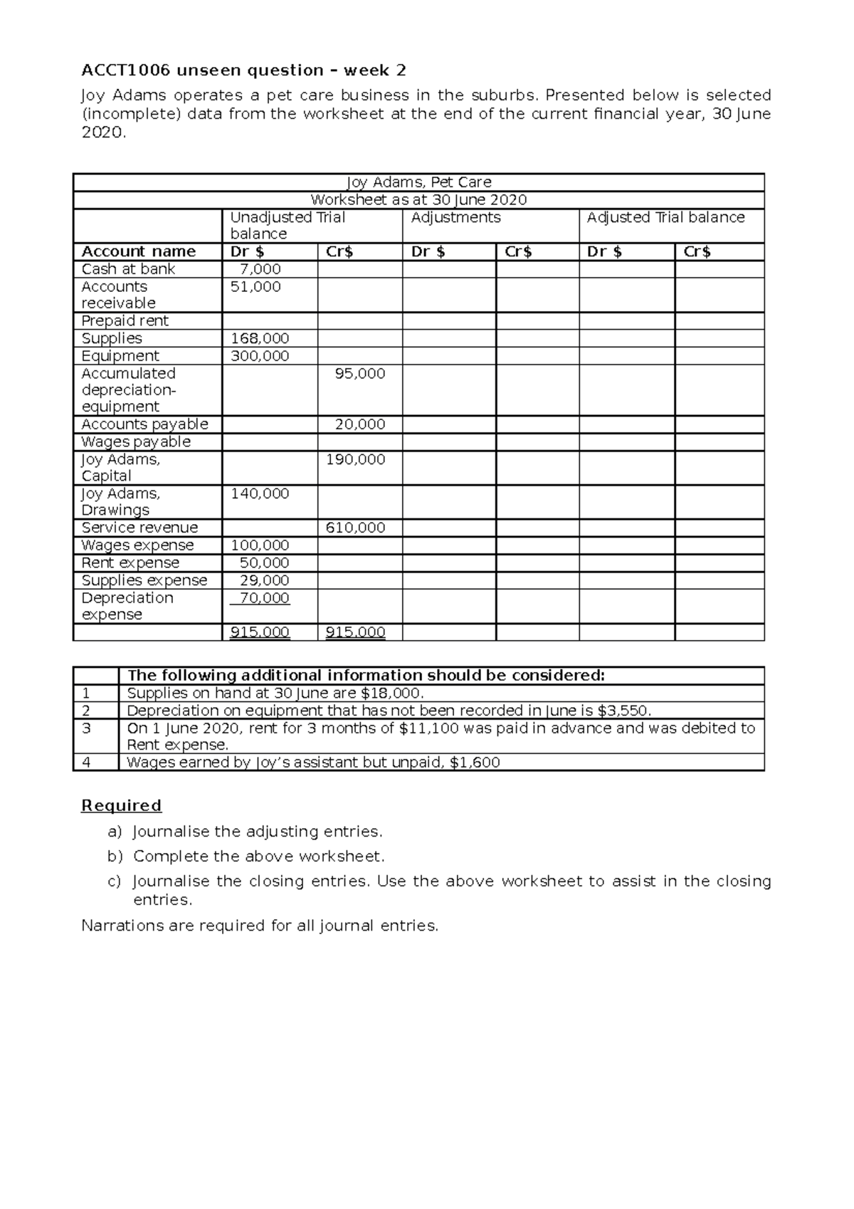 ACCT1006 Tute 2 - ACCT1006 unseen question – week 2 Joy Adams operates ...