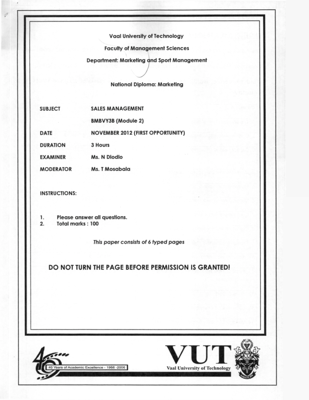 2015 past paper for sales force management - VUT - Studocu