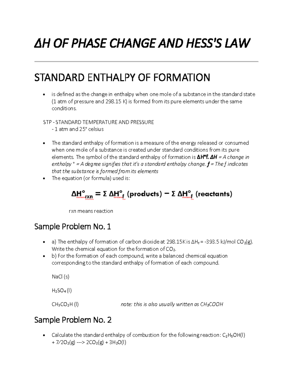 ΔH OF Phase Change AND HESS'S LAW - ΔH OF PHASE CHANGE AND HESS'S LAW ...